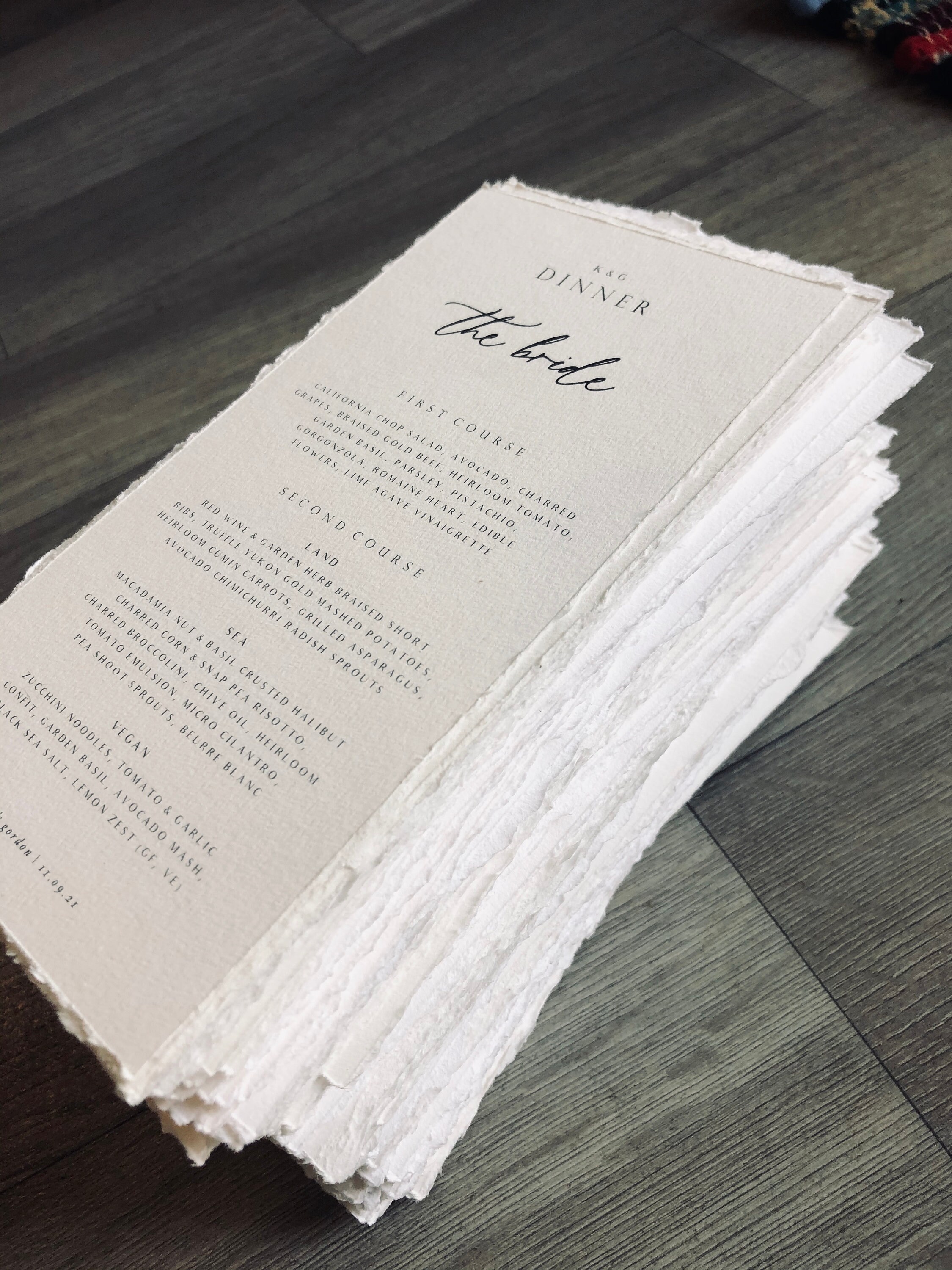 Bespoke Wedding Menu With Guest Names | Deckled Edge Handtorn Paper ...