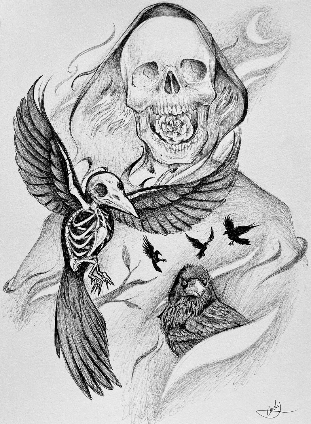 Grim Reaper and Crows Drawing Dark Art Skull Artwork Dark - Etsy