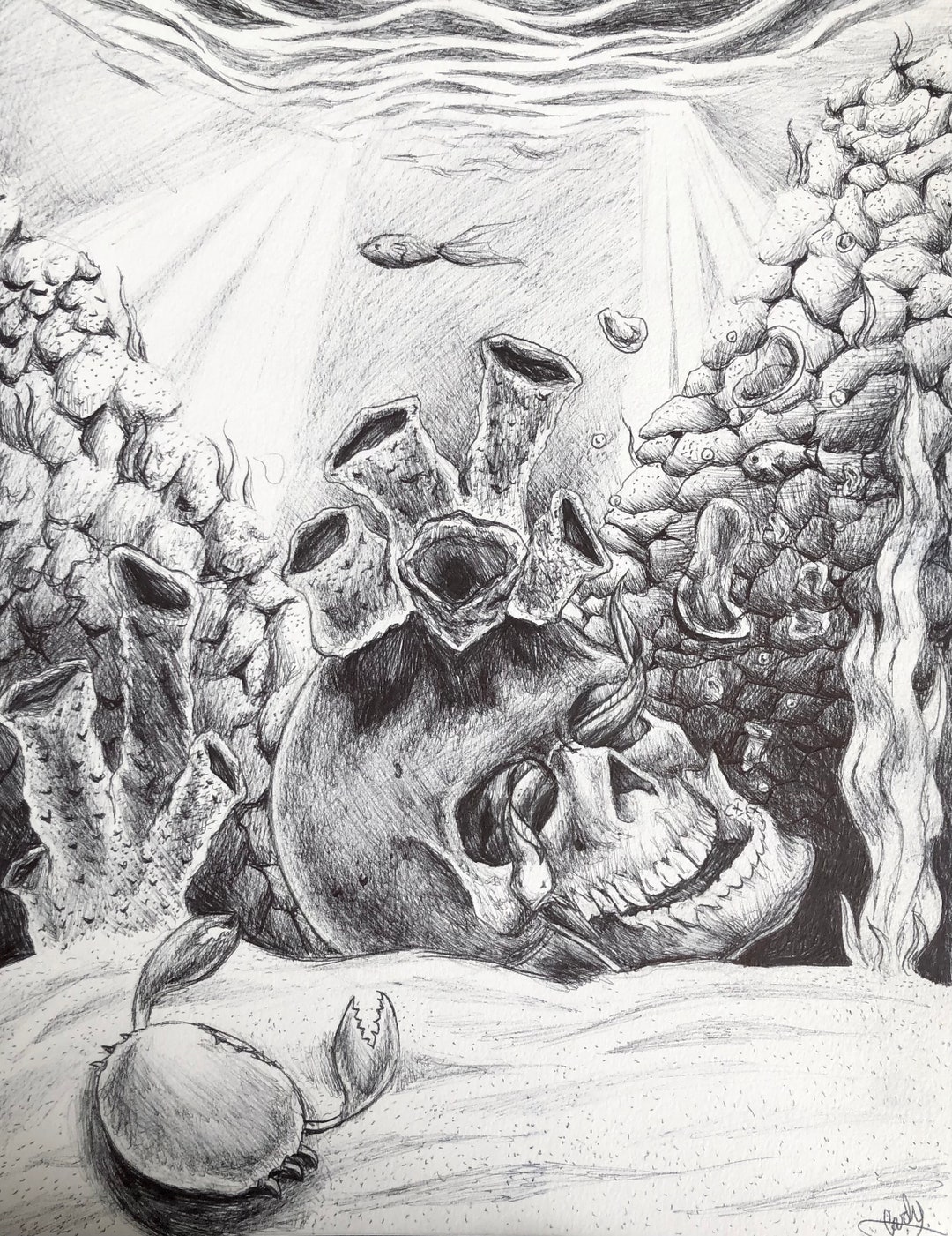 Underwater Skull Drawing Dark Art Cool Artwork Dark Art - Etsy