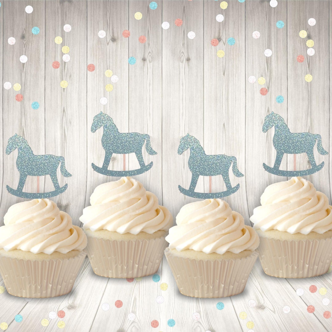 Rocking Horse Cupcake Toppers Glitter Baby Shower Cupcake Toppers ...