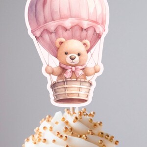Pink Teddy Bear in Hot Air Balloon Watercolor Cupcake Toppers Baby ...