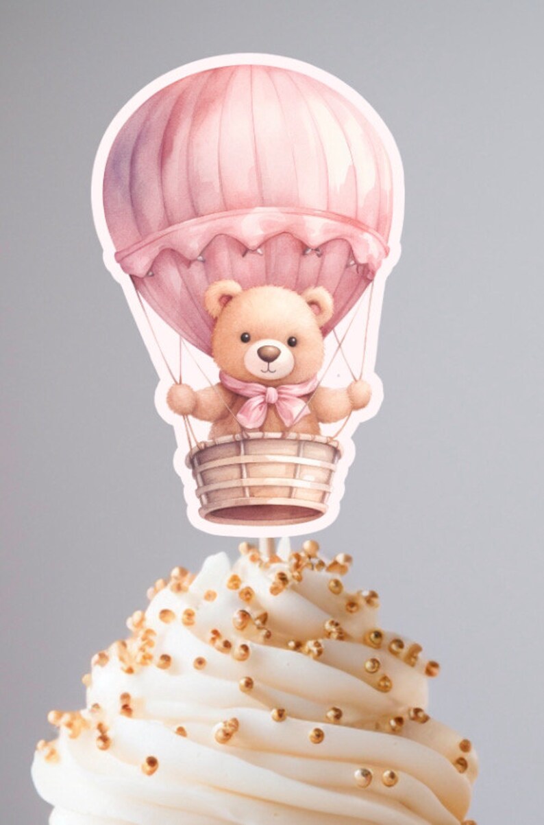 Pink Teddy Bear in Hot Air Balloon Watercolor Cupcake Toppers Baby ...