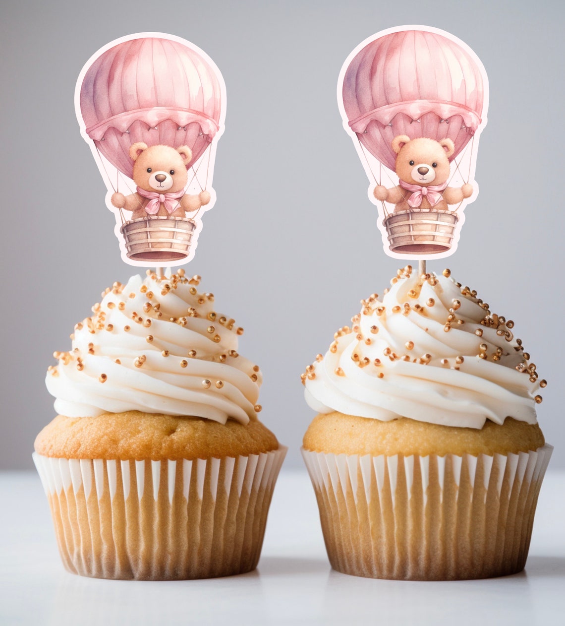 Pink Teddy Bear in Hot Air Balloon Watercolor Cupcake Toppers Baby ...