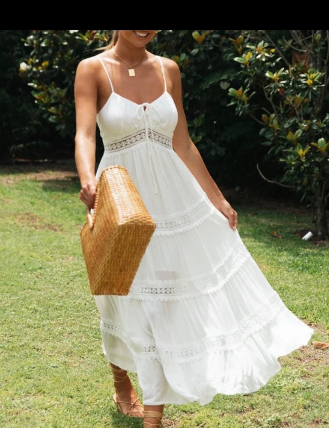 Women Summer Dress Boho Dress White Hollow Out Lace Strapless Beach Bohemian Maxi Dress Boho ...