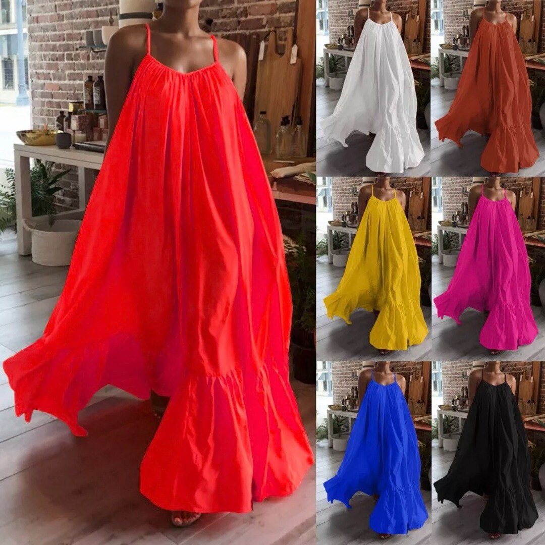 Women Camisole Oversized Maxi Dresses Strap Dress Pocket Loose Backless ...