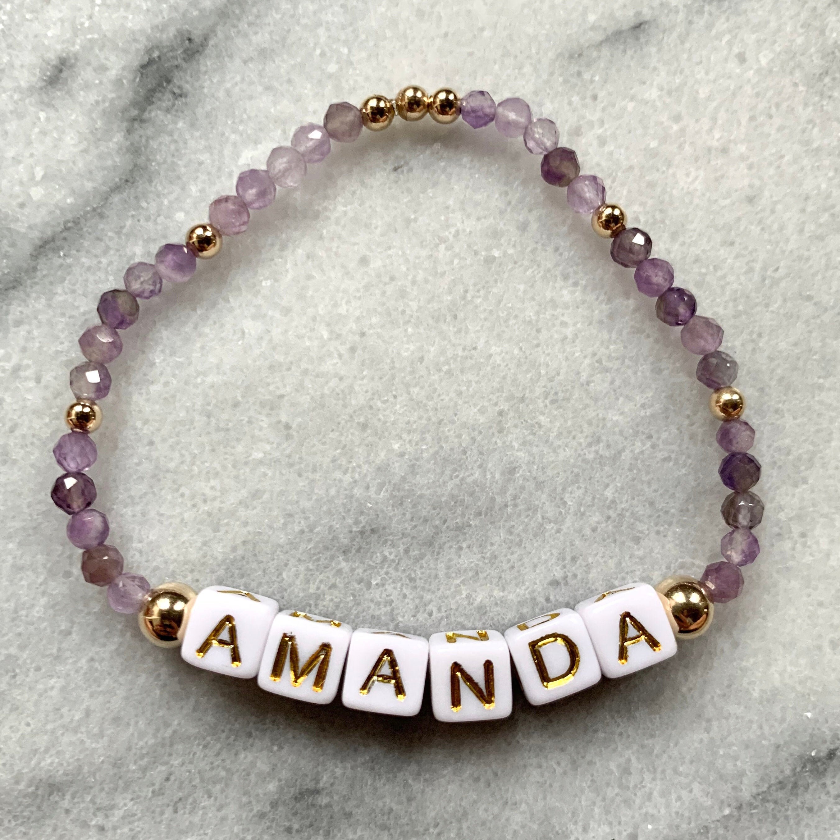 14K Gold & Amethyst Name / Initial Letter Bead Custom Bracelet - Etsy