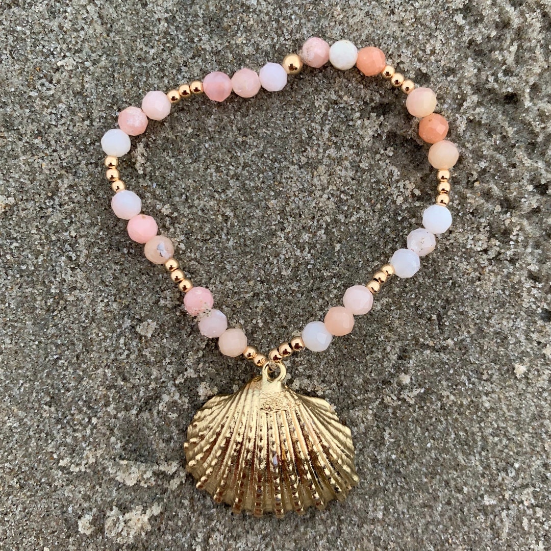 14K Gold & Pink Opal Clam Shell Bracelet - Etsy