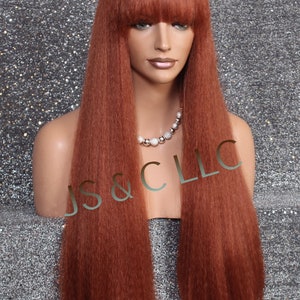 BROWNISH RED Human Hair Blend Body Crimped Textured Long Blunt Bangs ...