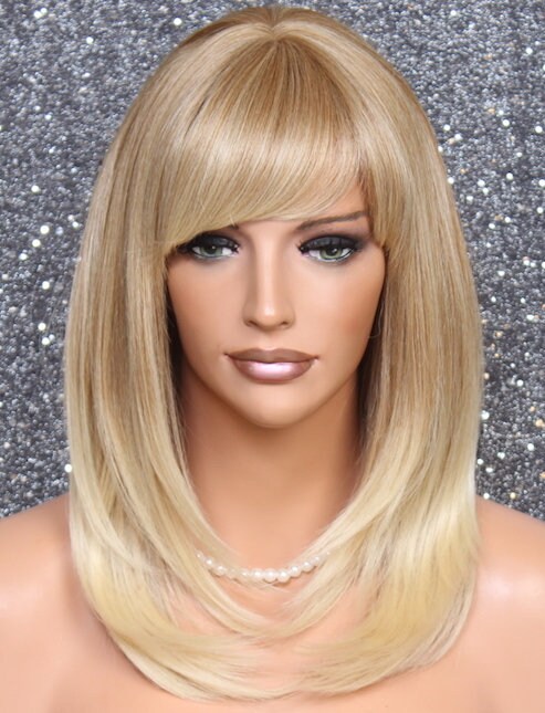 Natural Blonde Mix Human Hair Blend Wig Heat Safe Full Bangs - Etsy