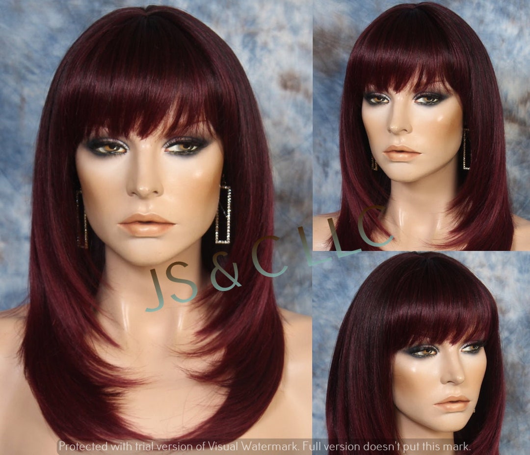 Natural Burgundy Mix Human Hair Blend Heat Safe Full Bangs Straight ...