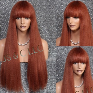 BROWNISH RED Human Hair Blend Body Crimped Textured Long Blunt Bangs ...