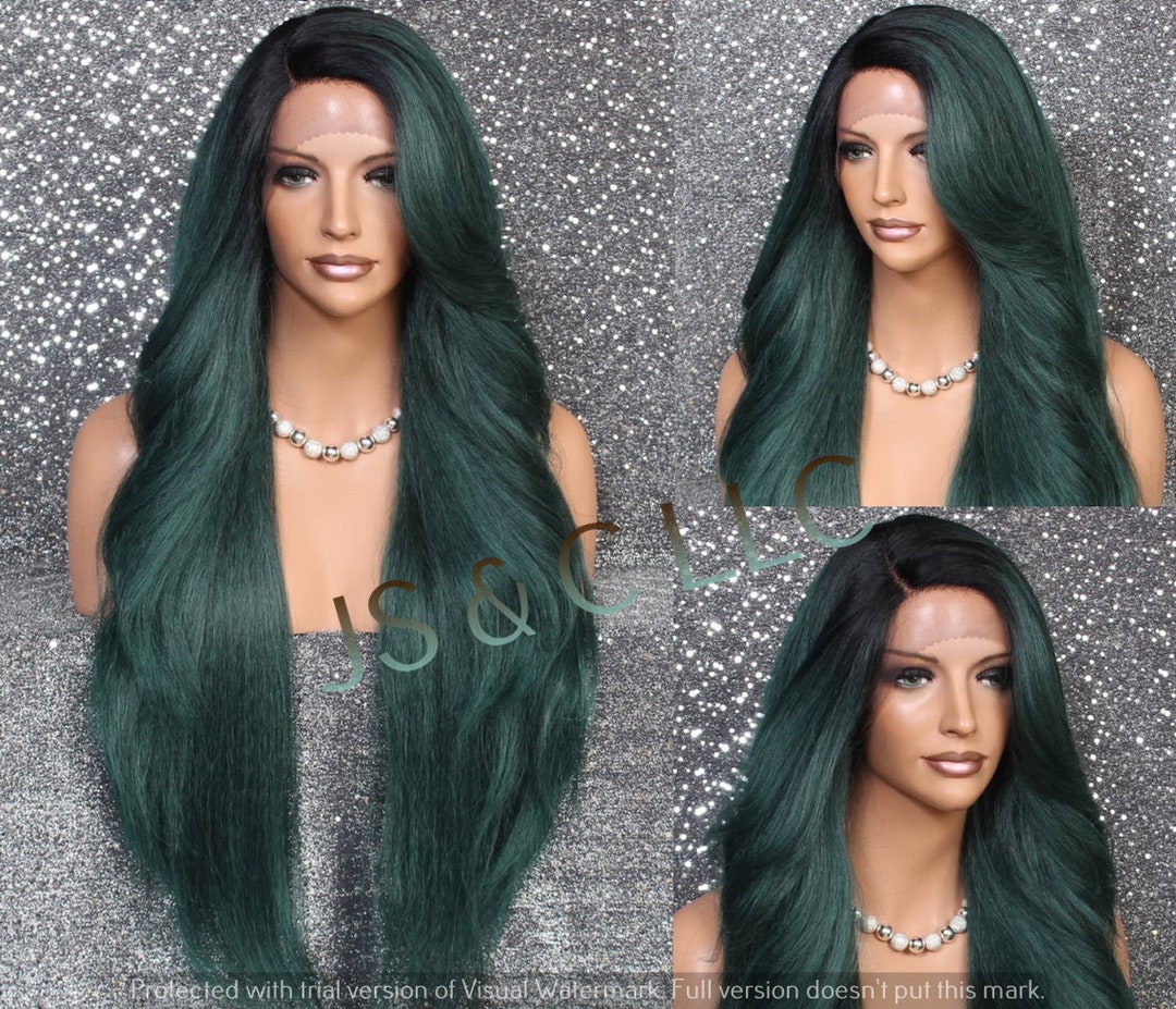Dark Green Emerald Luscious Human Hair Blend Lace Front Wig With ...