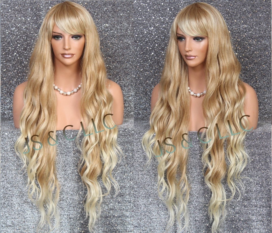 Blonde Mixed Human Hair Blend Wig Extra Long Wavy With Full - Etsy