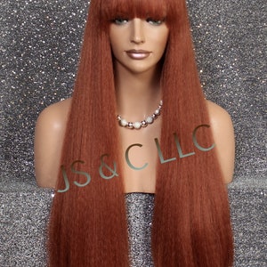 BROWNISH RED Human Hair Blend Body Crimped Textured Long Blunt Bangs ...