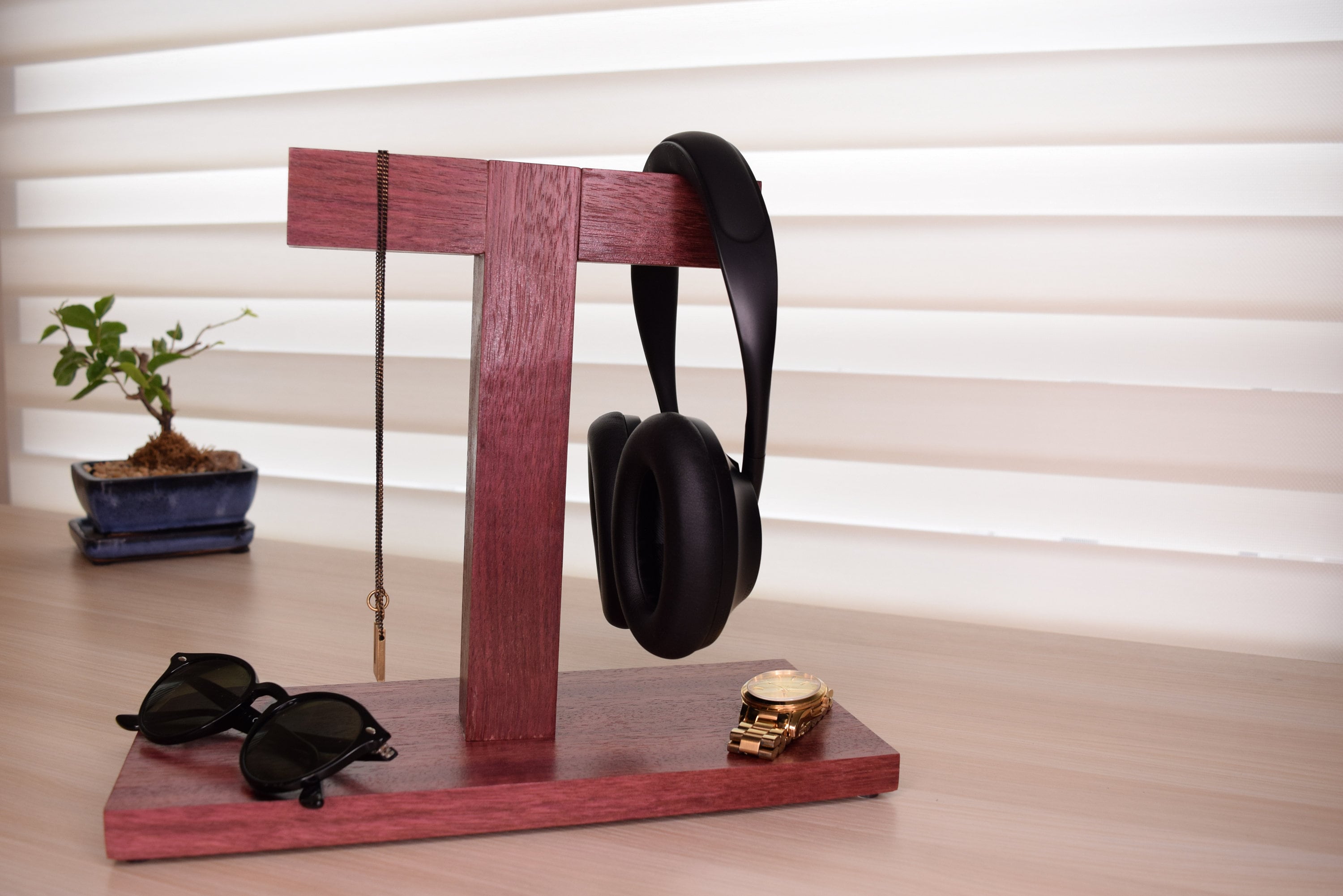 Purpleheart Wood Headphone Stand Duo, Minimalist Wood Headphones Stand ...