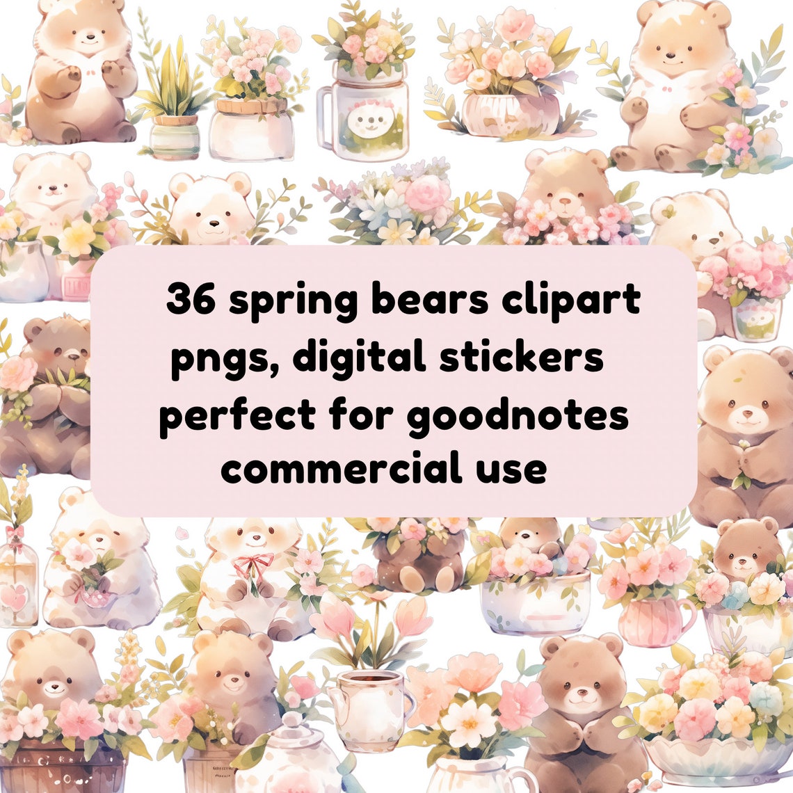 Whimsical Spring Clipart - Floral Bears Collection - Digital Stickers ...