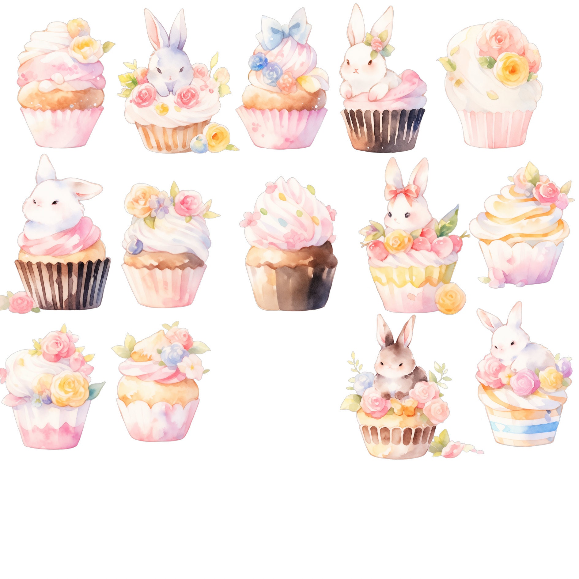Adorable Rabbit Cupcake Clipart Set With Watercolour Accents Easter ...