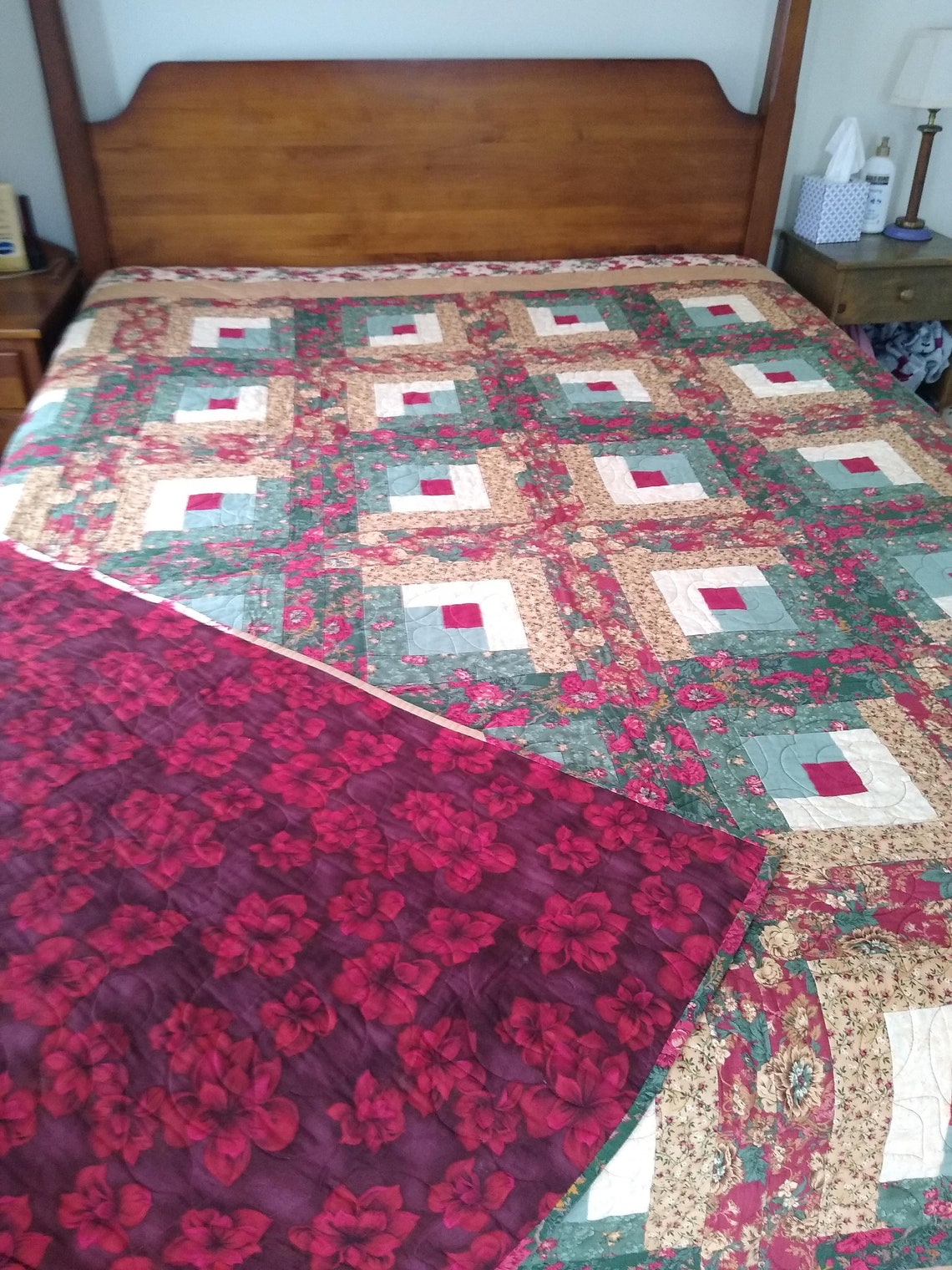 Log Cabin Roses Queen Size Bed Quilt - Etsy