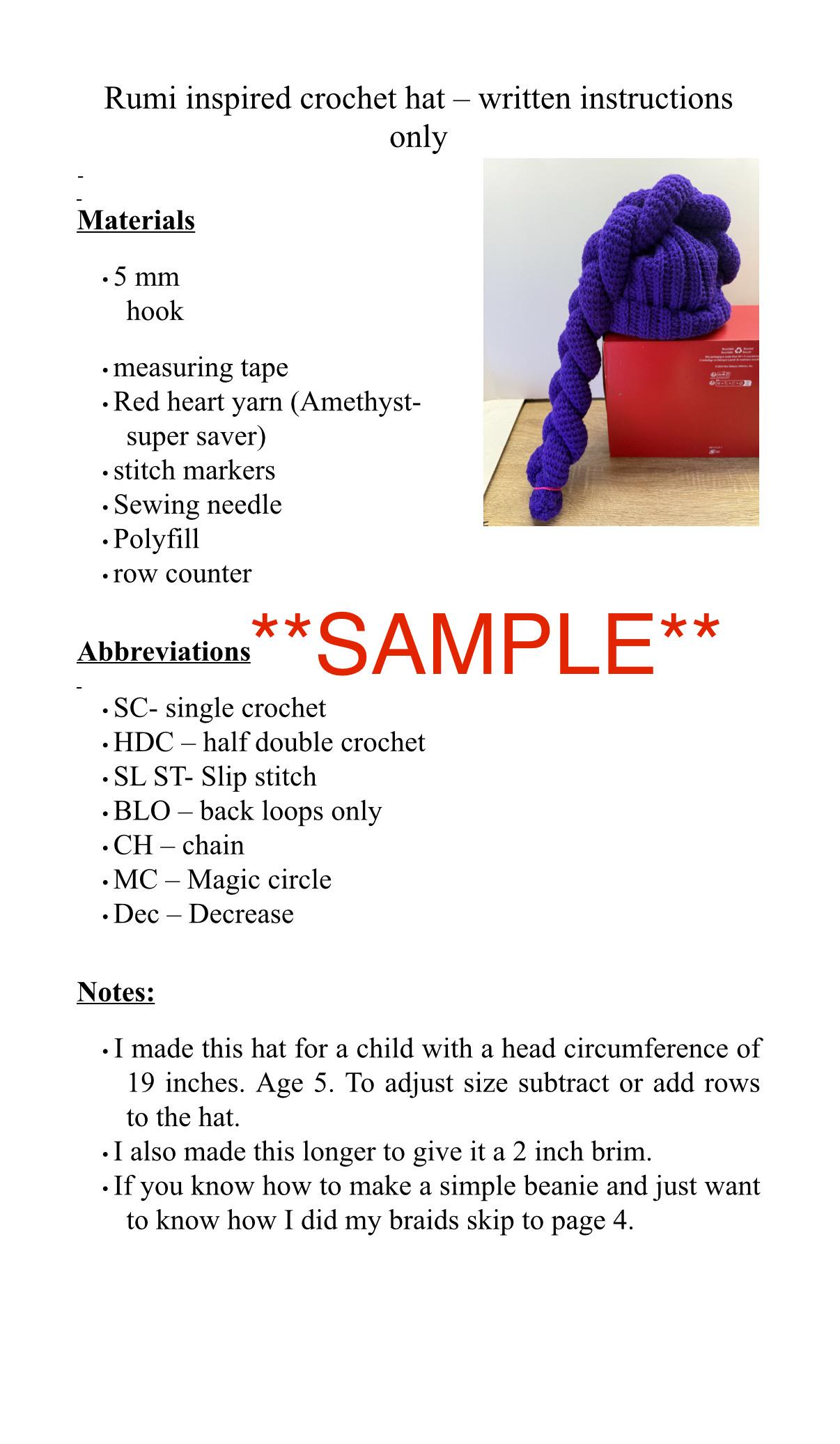 Rumi Inspired Braided Hair Crochet Hat Pattern - Written Instructions ...