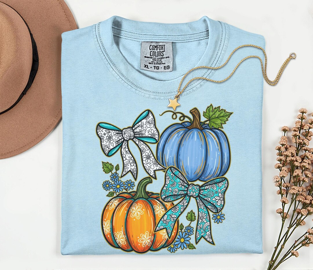 Fall Pumpkin Shirt, Pumpkin With Bow Tee, Blue Bow Shirt, Coquette Bow ...