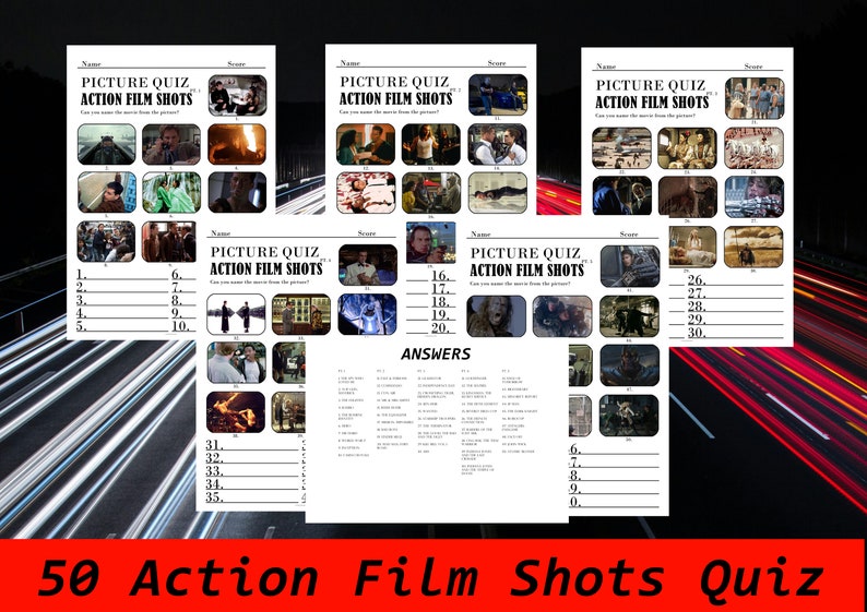 50 Printable ACTION Movie Shots Picture Quiz, Picture Trivia, Party ...