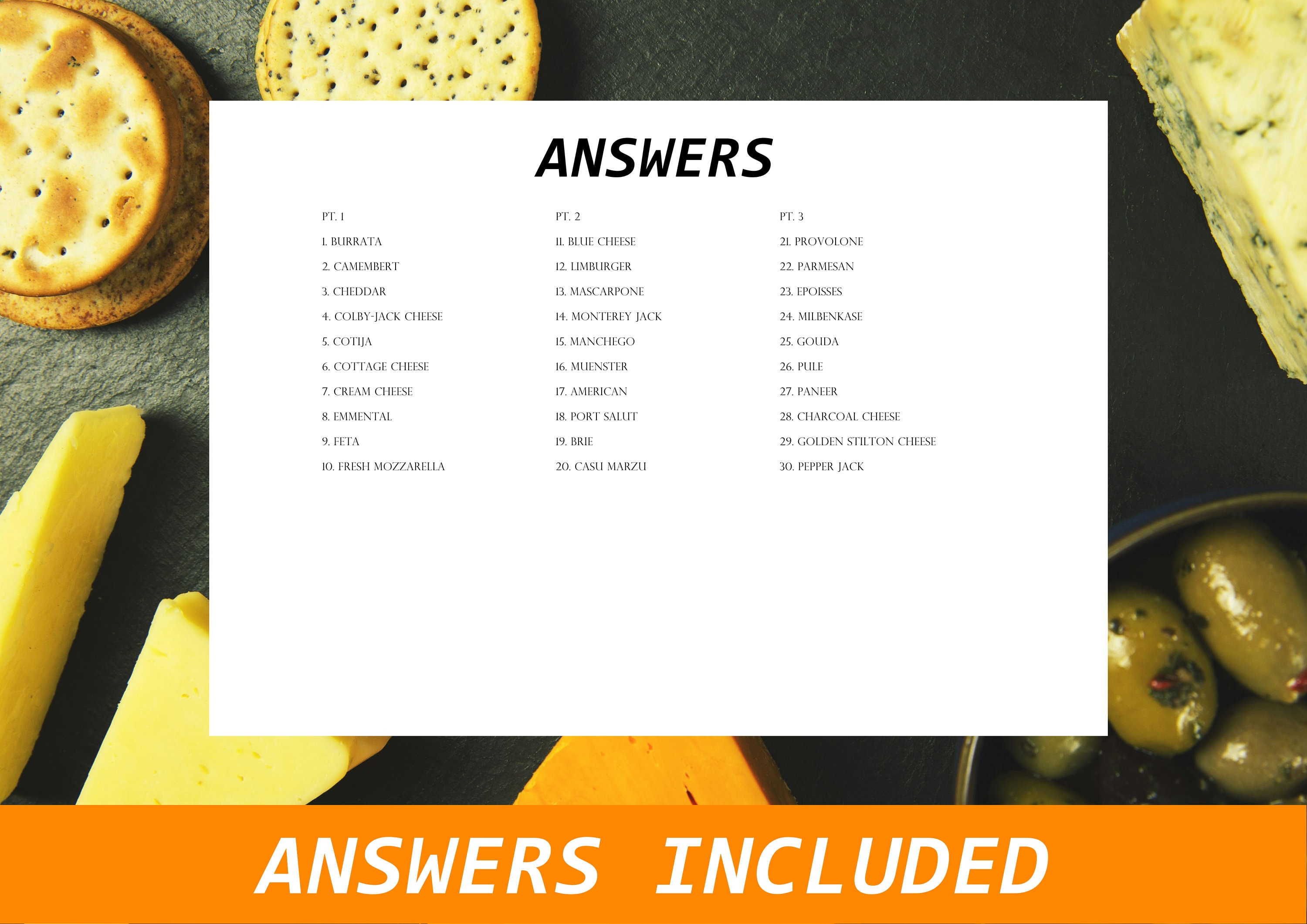 30 Printable CHEESE TYPES Picture Quiz, Picture Trivia, Party Game ...
