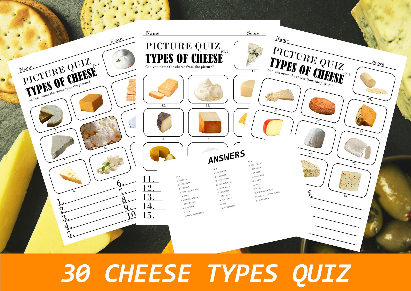 30 Printable CHEESE TYPES Picture Quiz, Picture Trivia, Party Game ...