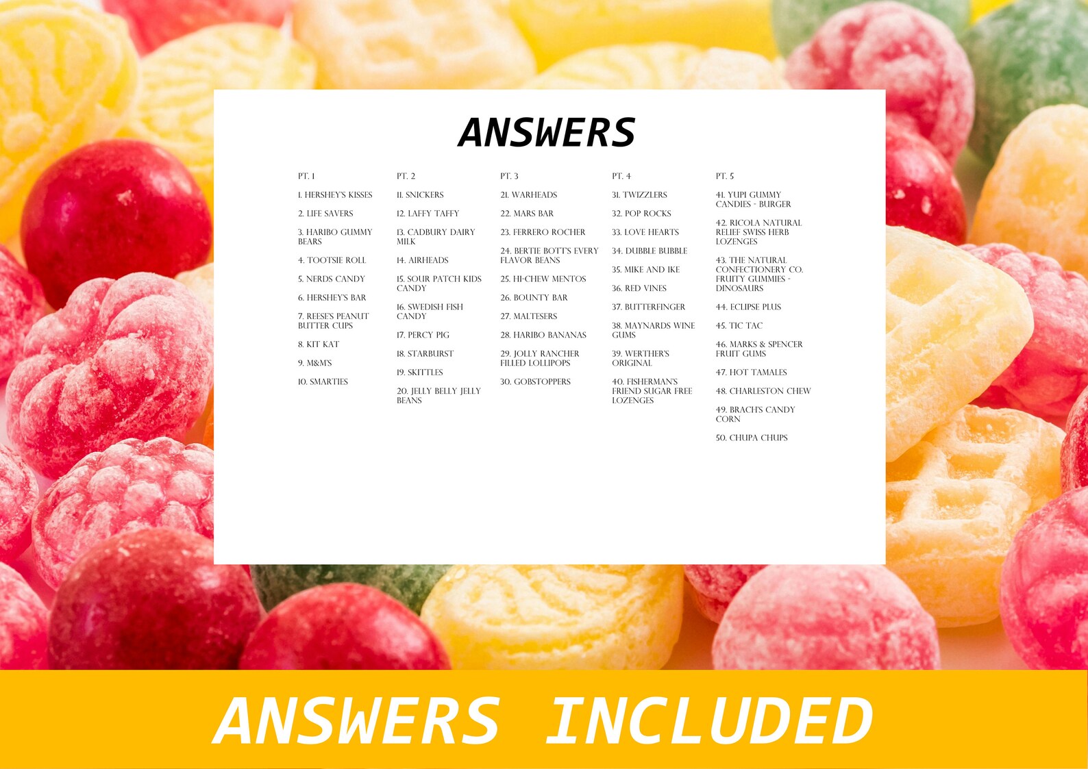 50 Printable POPULAR CANDIES Picture Quiz, Picture Trivia, Party Game ...