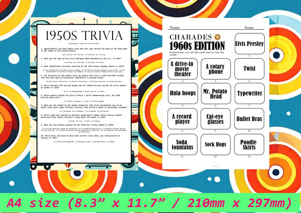 50s Trivia Quiz, 50s Party Game, 1950s Questions, 50s Themed Party ...