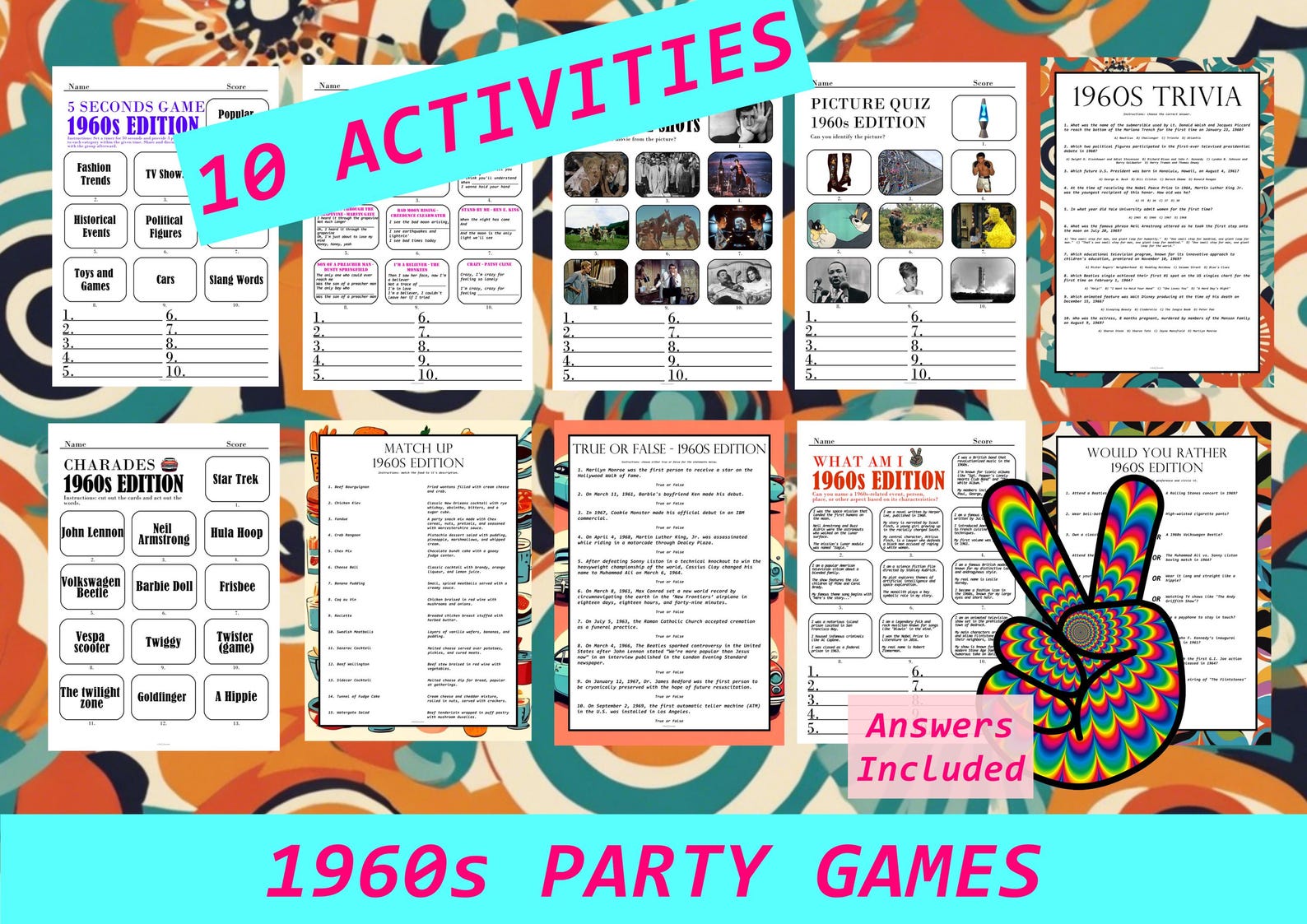 60s Trivia Quiz, 60s Party Game, 1960s Questions, 60s Themed Party ...