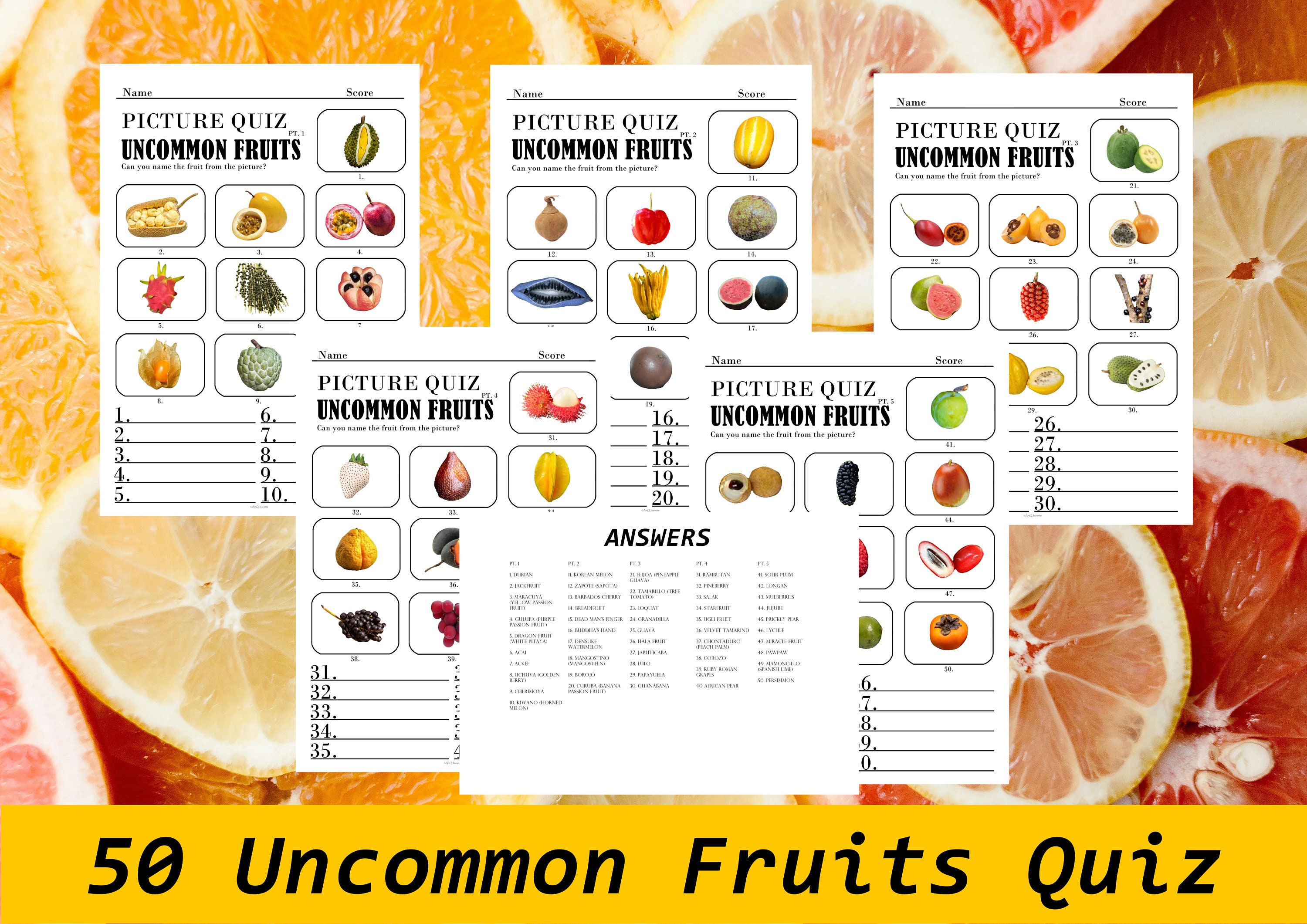 50 Printable UNCOMMON FRUITS Picture Quiz, Picture Trivia, Party Game ...