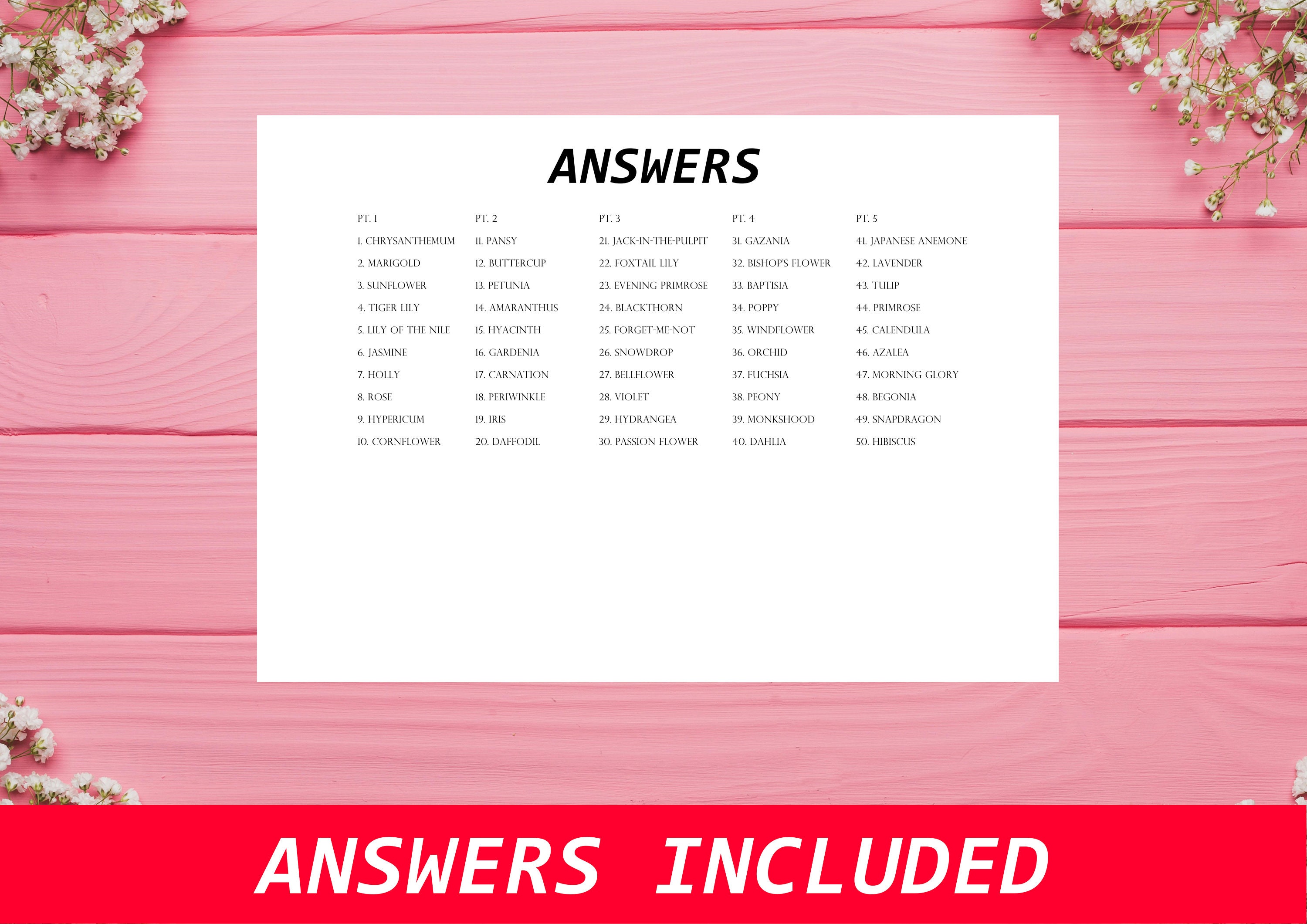 50 Printable FLOWER TYPES Picture Quiz, Picture Trivia, Party Game ...