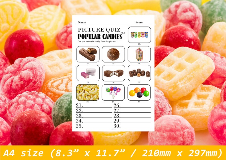 50 Printable POPULAR CANDIES Picture Quiz, Picture Trivia, Party Game ...
