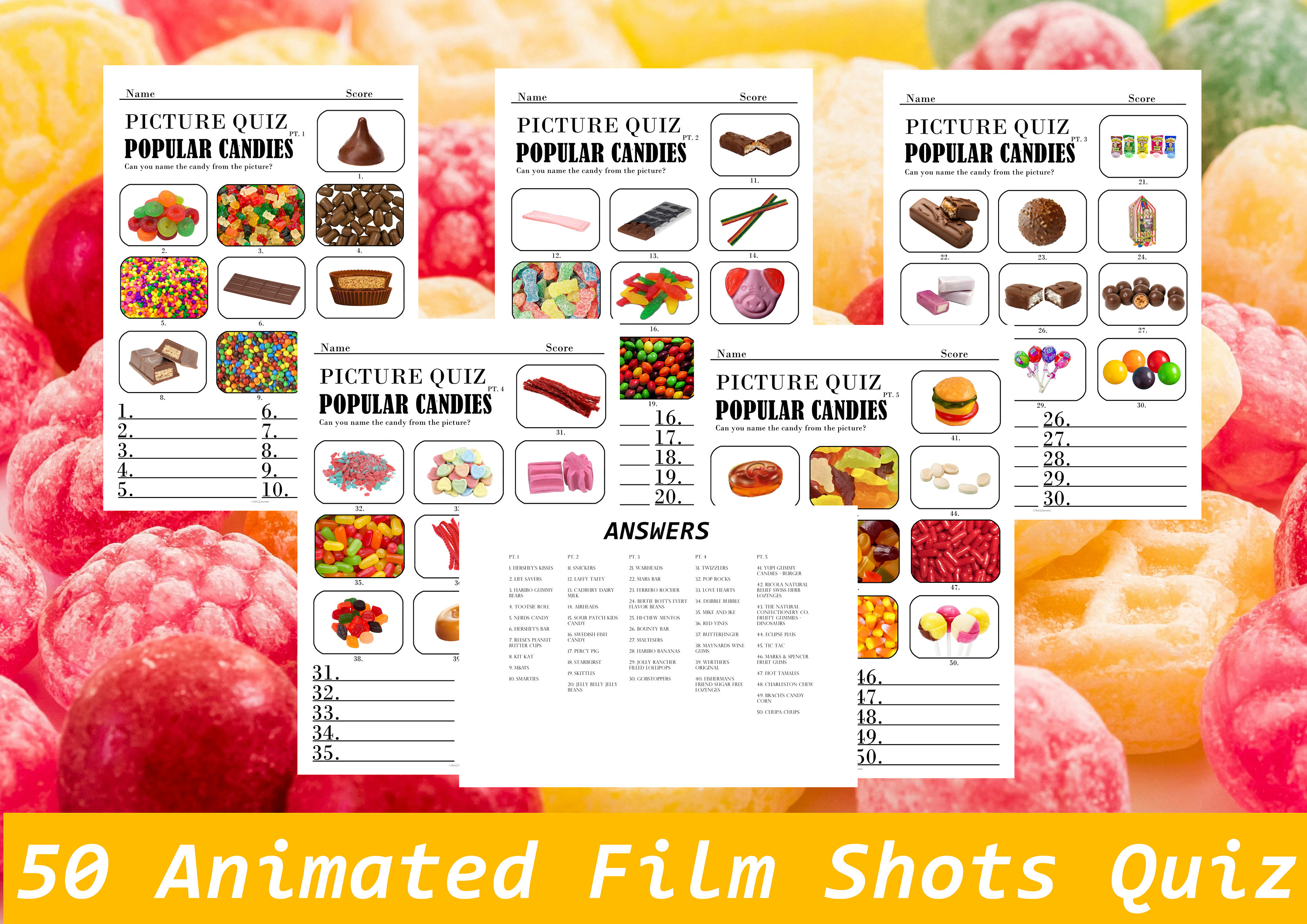 50 Printable POPULAR CANDIES Picture Quiz, Picture Trivia, Party Game ...