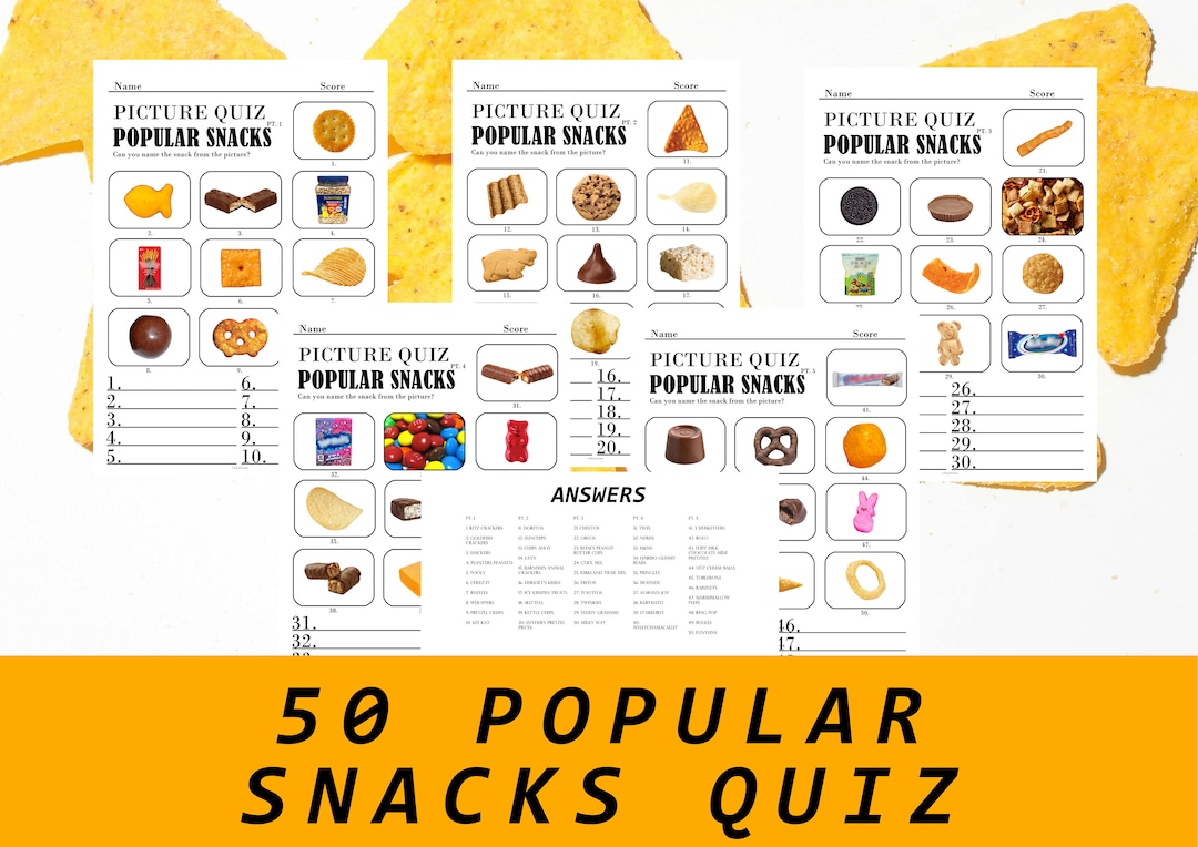 50 Printable POPULAR SNACKS Picture Quiz, Picture Trivia, Party Game ...