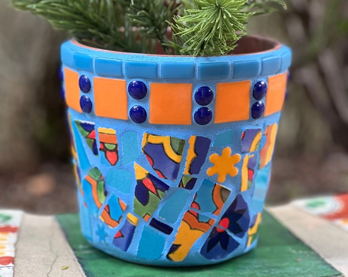 Turquoise, Blue & Orange Mexican Mosaic Flower Pot With Talavera Tile ...