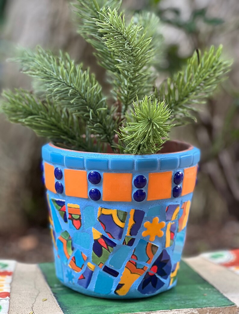 Turquoise, Blue & Orange Mexican Mosaic Flower Pot With Talavera Tile ...