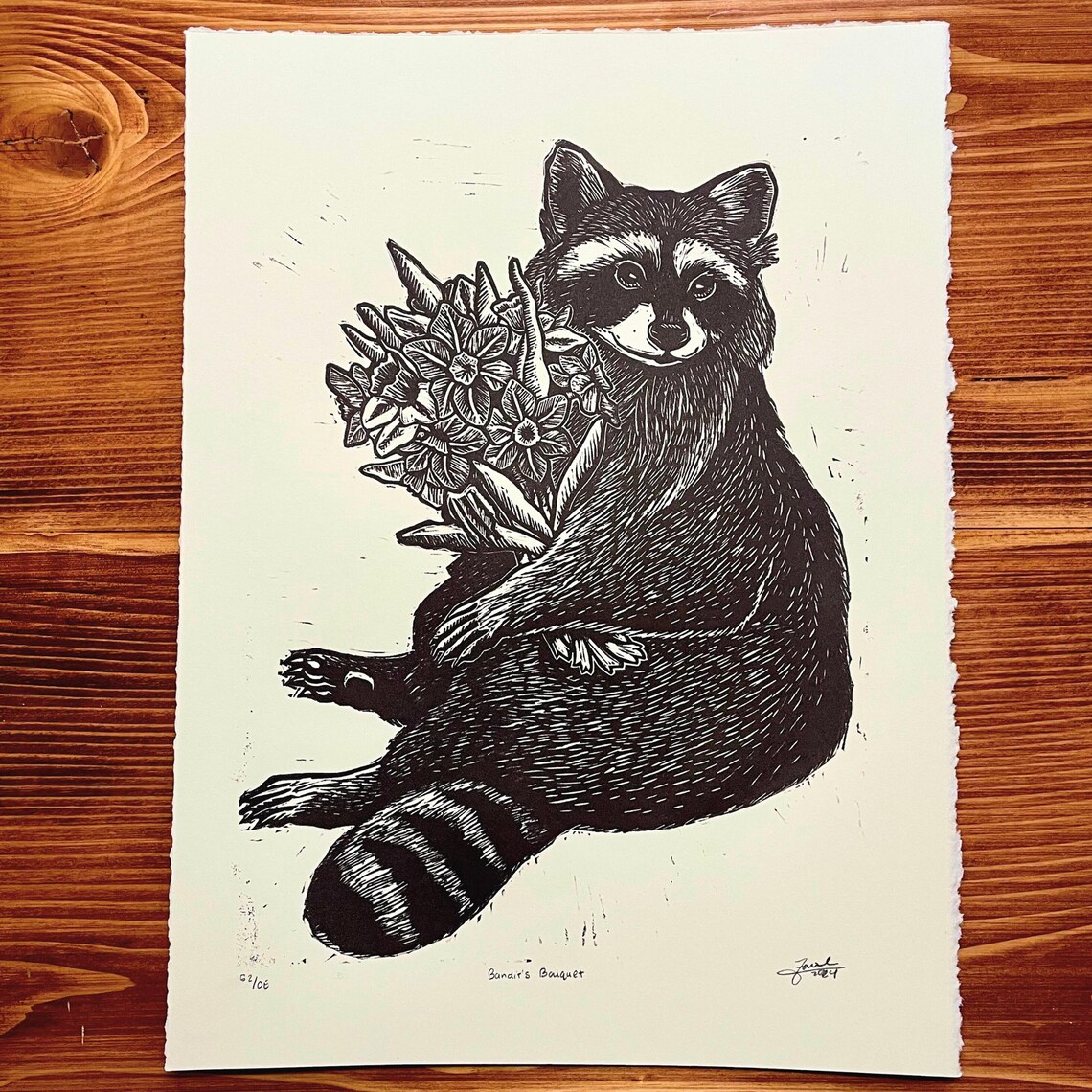 Raccoon Relief Printmaking, "bandit's Bouquet", Linocut Print 11"x15 ...