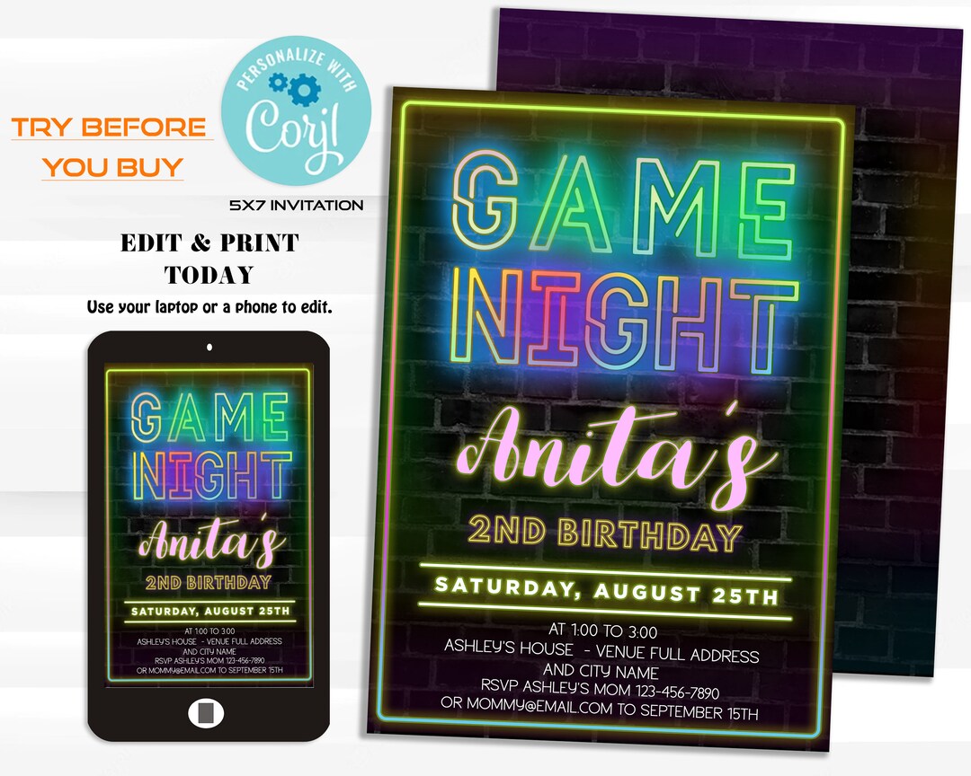 Game Night Neon Glow Birthday Party Invitation, Editable Game Night ...