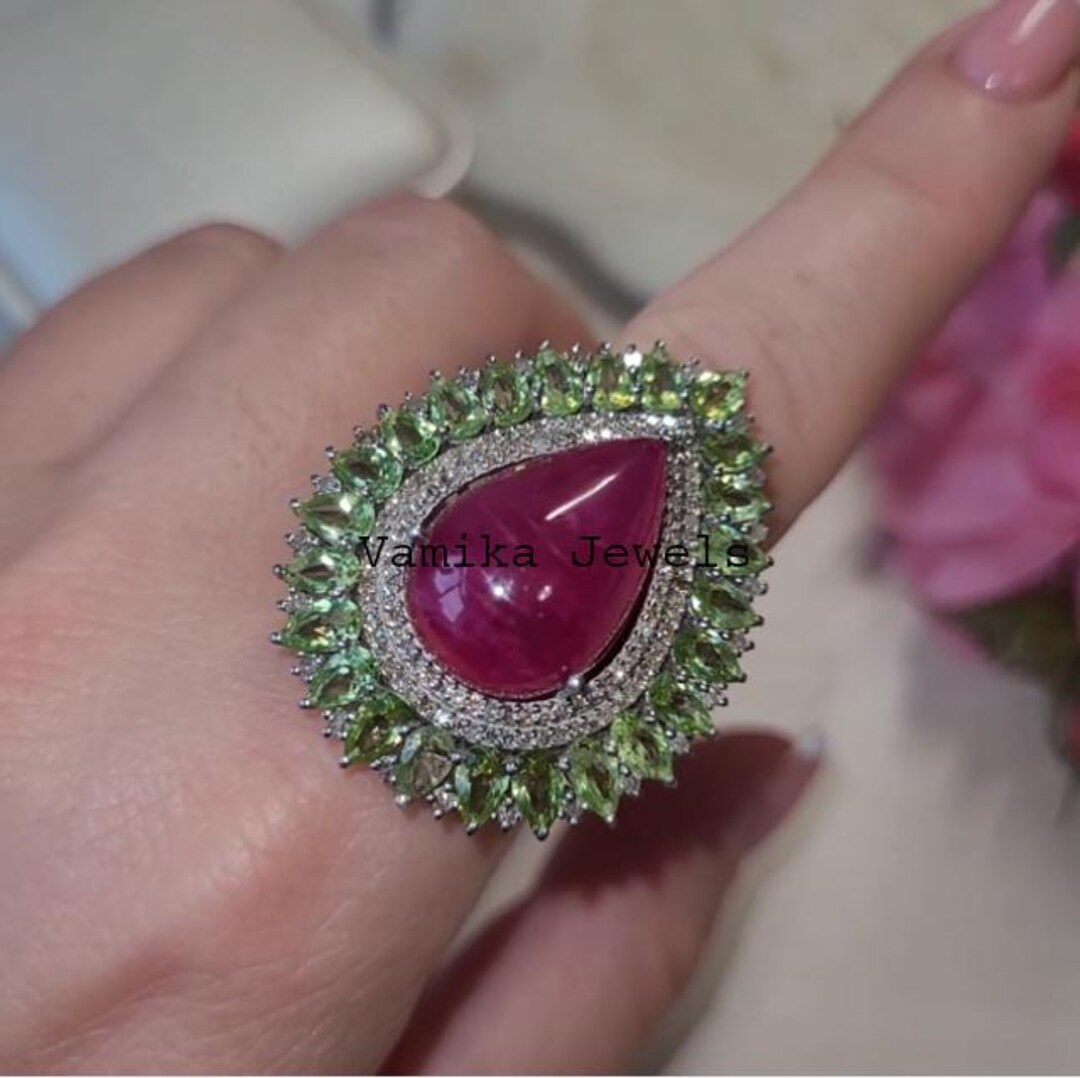 Natural Ruby Pave Diamond Ring, Handmade Chrysolite Cocktail Ring, Sterling Silver, Statement ...