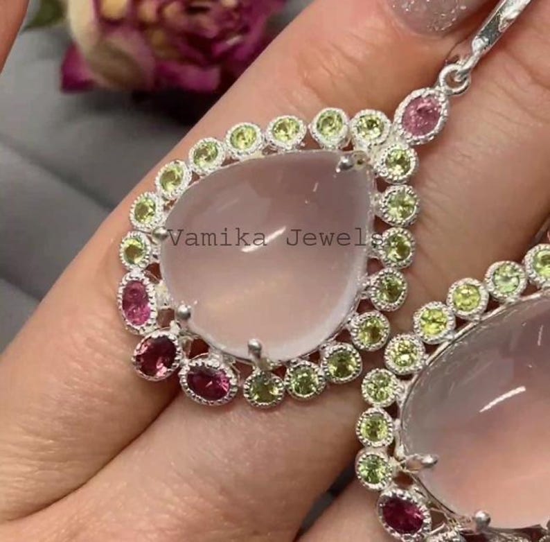 Natural Rose Quartz & Rhodolite Multi Stone Jewelry Set, 925 Sterling ...