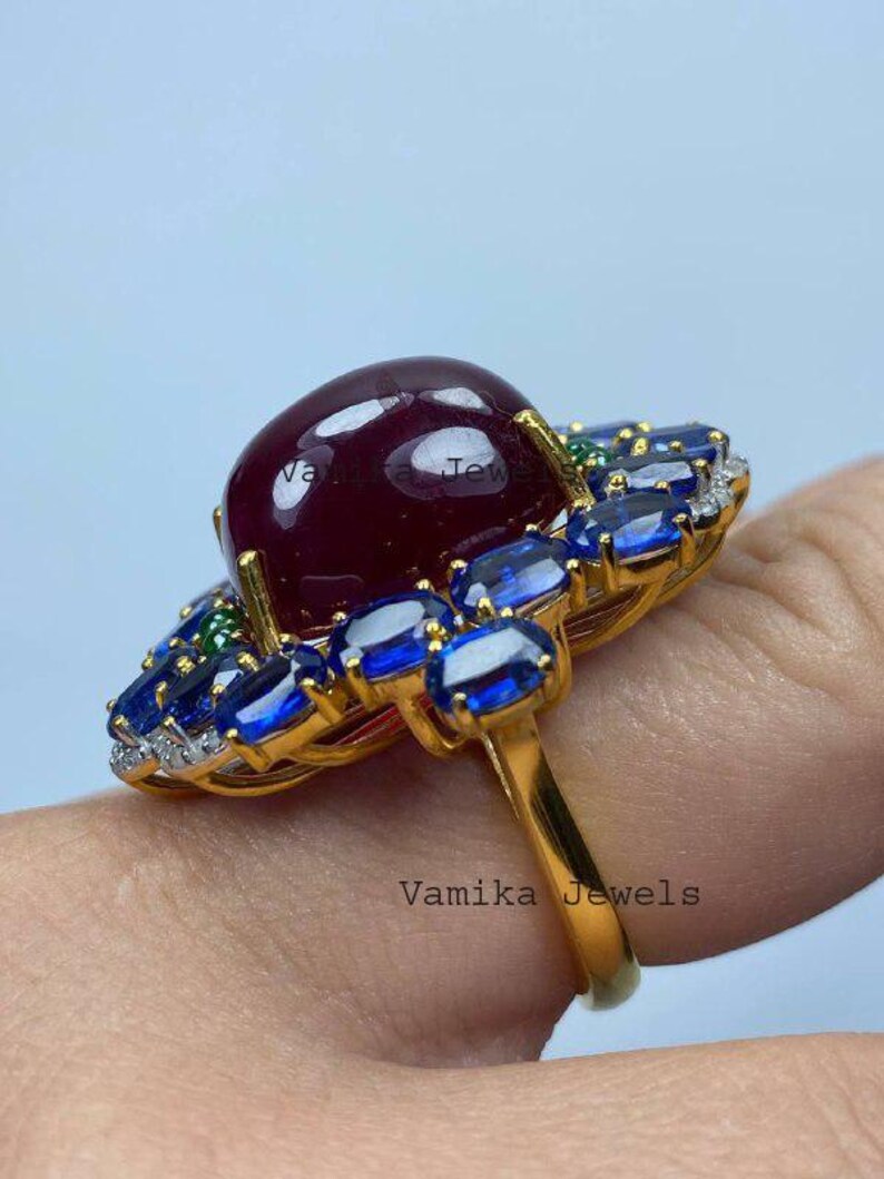 Natural Ruby & Kyanite Cluster Ring, 925 Sterling Silver Tsavorite ...