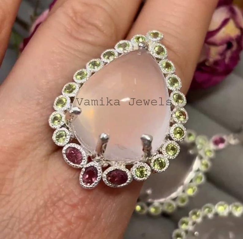 Natural Rose Quartz & Rhodolite Multi Stone Jewelry Set, 925 Sterling ...