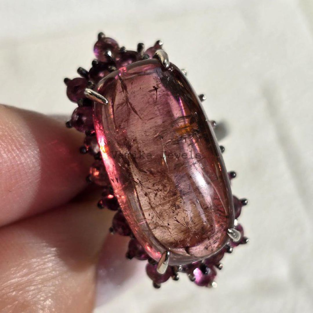 Natural Rubellite Tourmaline Cluster Ring, 925 Sterling Silver Halo ...