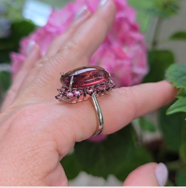 Natural Rubellite Tourmaline Cluster Ring, 925 Sterling Silver Halo ...