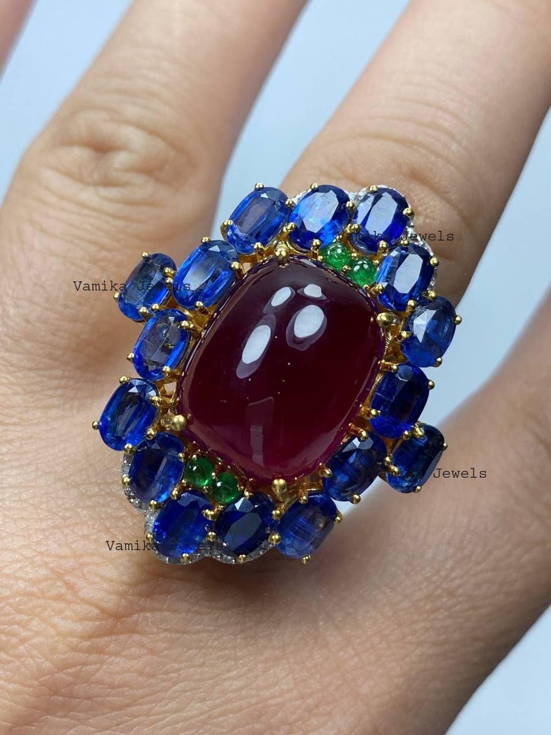 Natural Ruby & Kyanite Cluster Ring, 925 Sterling Silver Tsavorite ...