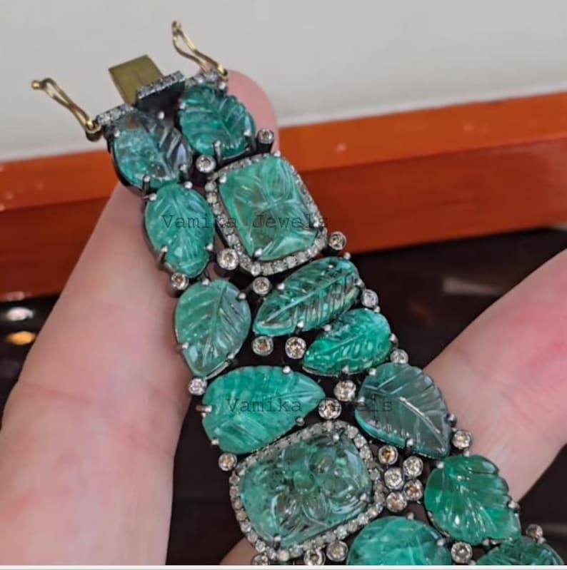 Natural Carved Green Emerald Cluster Bracelet, 925 Sterling Silver Pave ...