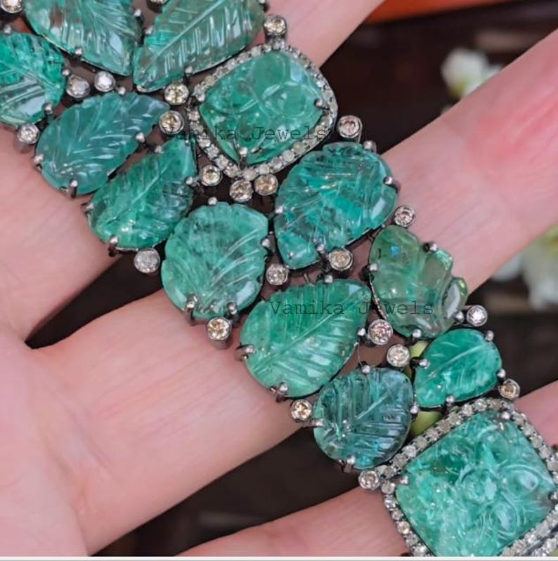 Natural Carved Green Emerald Cluster Bracelet, 925 Sterling Silver Pave ...