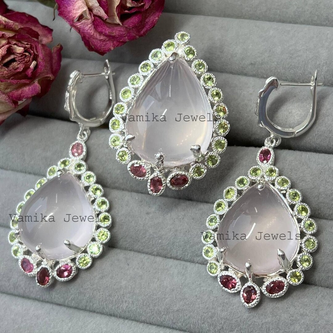 Natural Rose Quartz & Rhodolite Multi Stone Jewelry Set, 925 Sterling ...