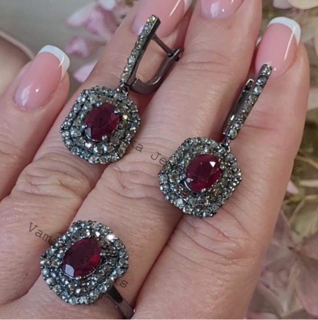 Natural Ruby Jewelry Set, Sterling Silver Double Halo Diamond Ring and ...